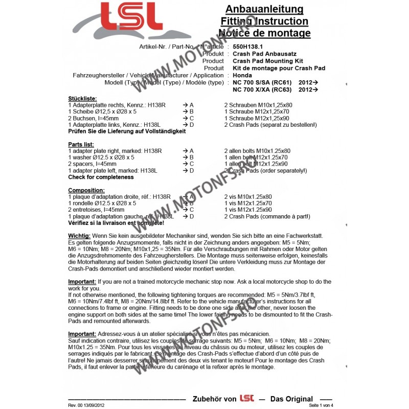 NC750 S / X / SA / SD / XA / XD / D 2012-2020 Honda LSL - KIT MONTAJ ...